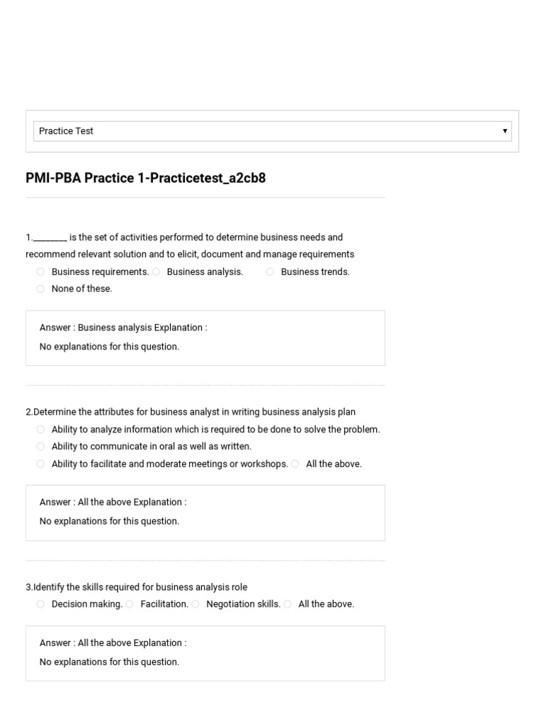 PMI PBA - Sample Test 2 X 100 Q&A | PDF | Business Analysis | Data Analysis