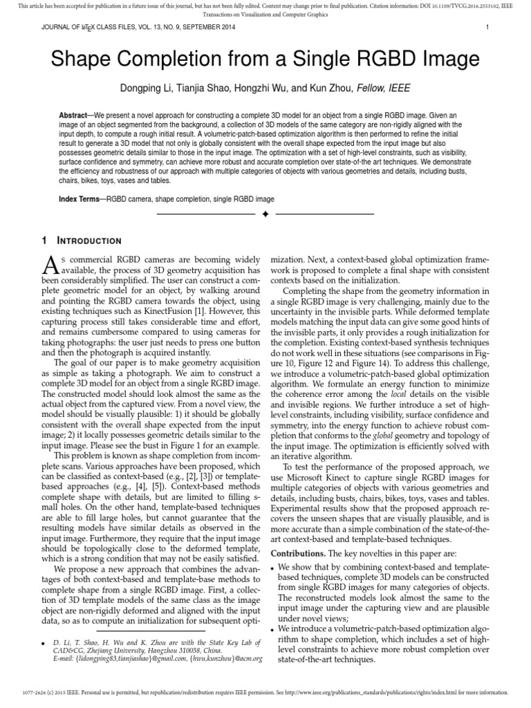 Shape Completion From A Single RGBD Image: Dongping Li, Tianjia Shao, Hongzhi Wu, and Kun Zhou ...