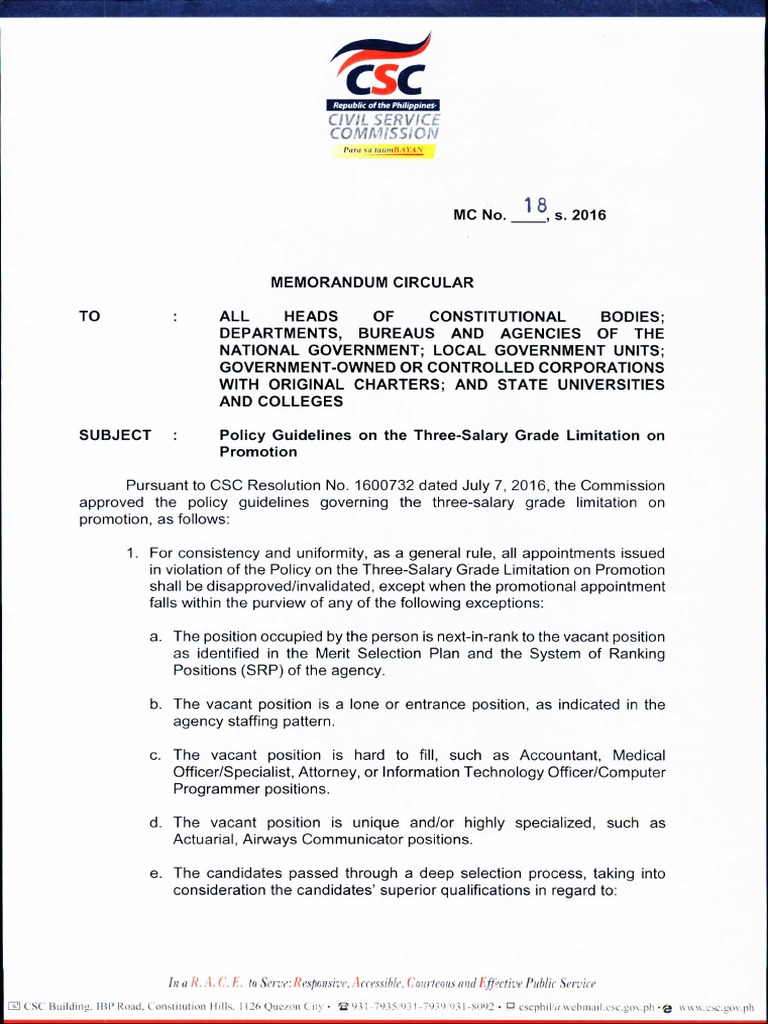 CSC-2016, MC No. 18, s. 2016 - Policy Guidelines on the Three Salary ...