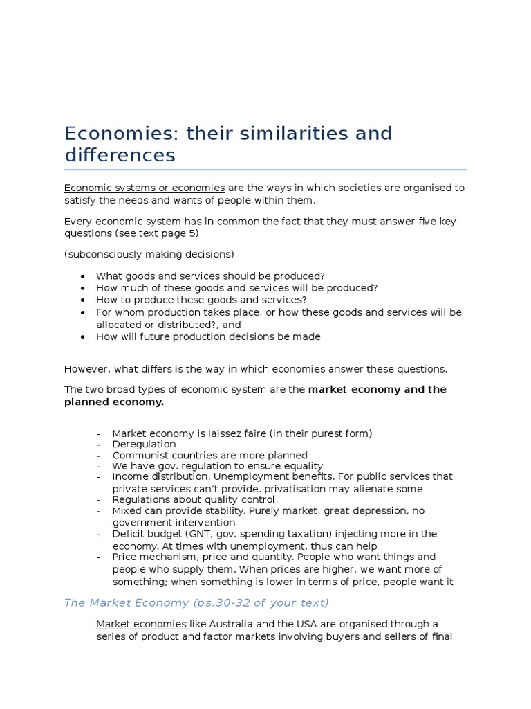 Comparing Economic Systems: An Overview of Market Economies, Planned ...