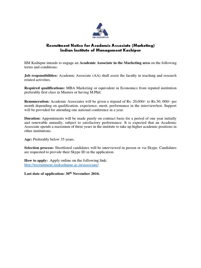 Recruitment Notice For Academic Associate (Marketing) Indian Institute ...