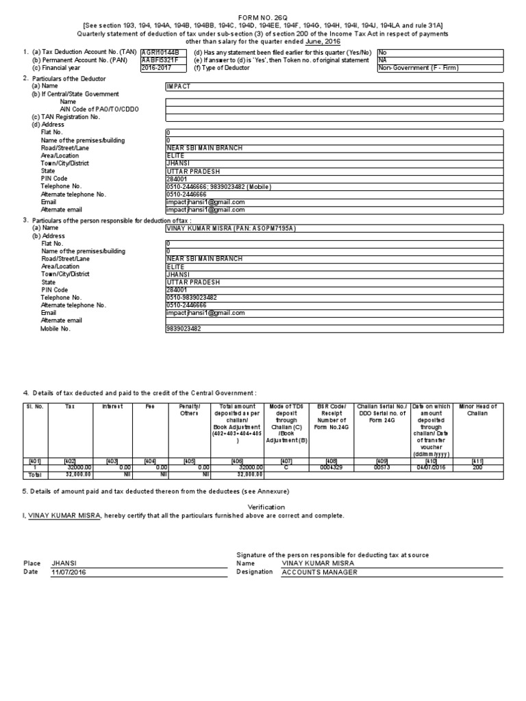 FORM 26Q TDS | PDF | Taxes | Payments