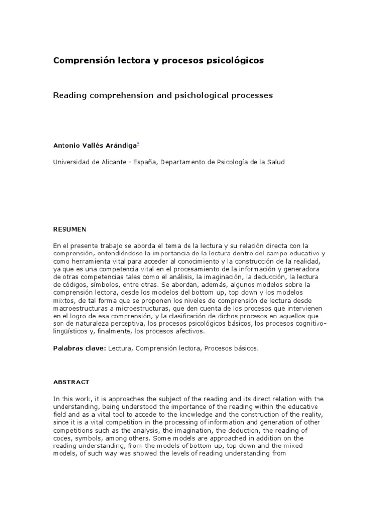 Comprensión Lectora y Procesos Psicológicos | PDF | Lectura (proceso ...