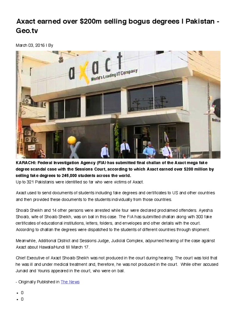 Axact Earned Over $200m Selling Bogus Degrees - Pakistan - Geo | PDF ...