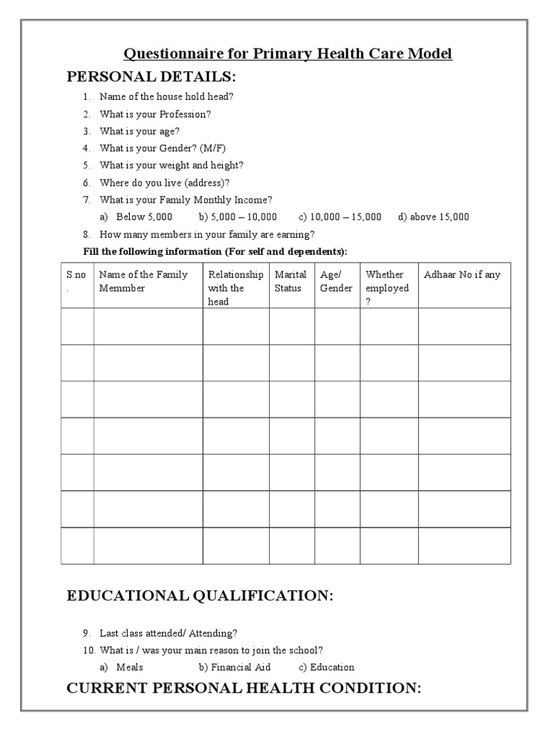 Primary Health Care - Questionnaire | Hospital | Chronic Condition