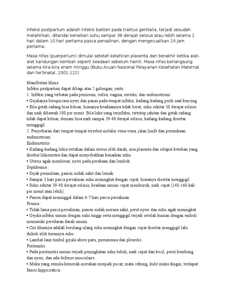 Infeksi Postpartum Adalah Infeksi Bakteri Pada Traktus Genitalia | PDF
