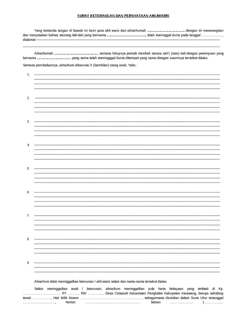 Surat Pernyataan Ahli Waris dan Pembagian Harta di Karawang | PDF | Hukum
