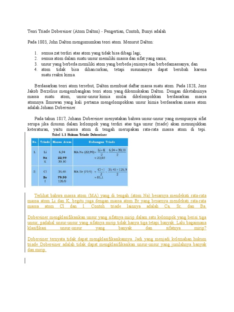 Hukum Triade Dobereiner dan Contohnya | PDF
