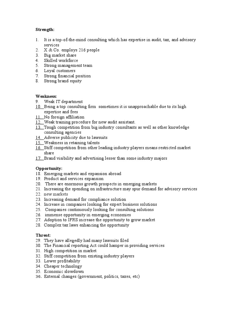 SWOT Analysis of An Audit Firm | PDF | Business | Finance & Money ...