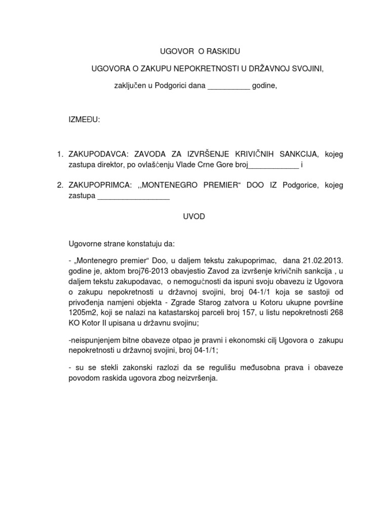 Ugovor o Raskidu Zakupa Nepokretnosti | PDF