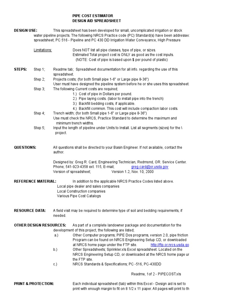 Pipe Cost Estimator Design Aid Spreadsheet Design Use:: Greg - Card@or ...