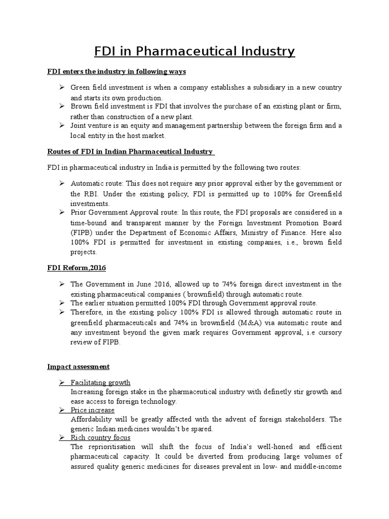 FDI in Pharmaceutical Industry | PDF | Foreign Direct Investment ...