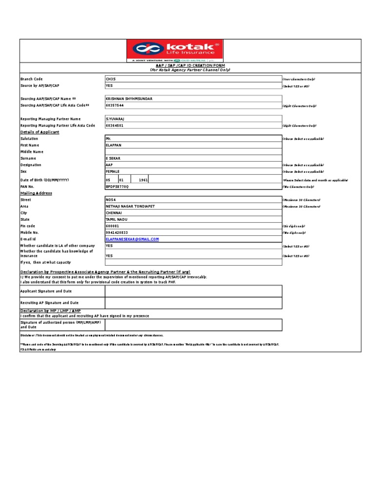 Aap / Sap /cap Id Creation Form: (For Kotak Agency Partner Channel Only ...