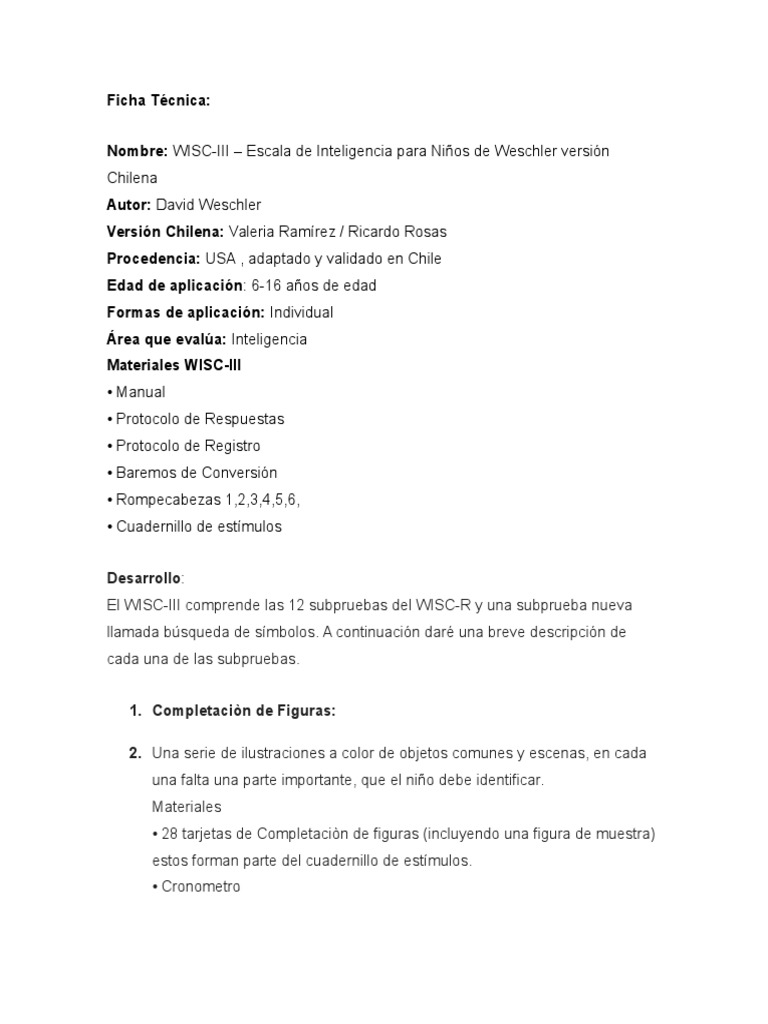 Ficha Técnica WISC-III para Niños | PDF | Lápiz | Ciencia cognitiva