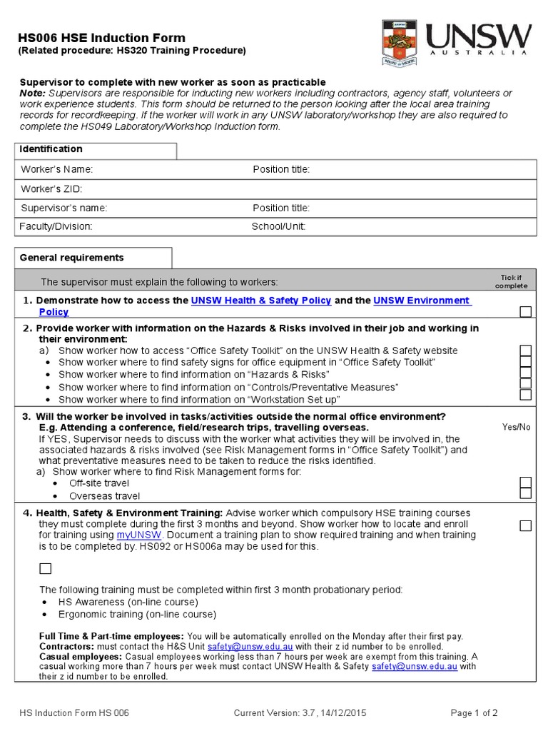 HS006 Induction Form - HS | Occupational Safety And Health | Risk