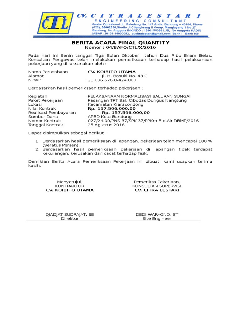 Berita Acara Final Quantity | PDF