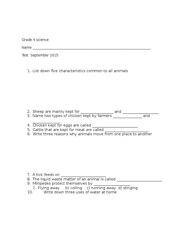 Grade 4 Science Name - Test September 2015 | PDF | Wellness | Business