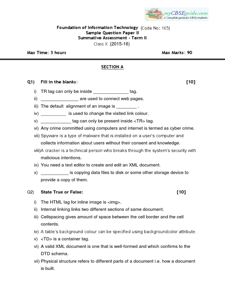 Foundation of Information Technology Sample Question Paper II Summative ...