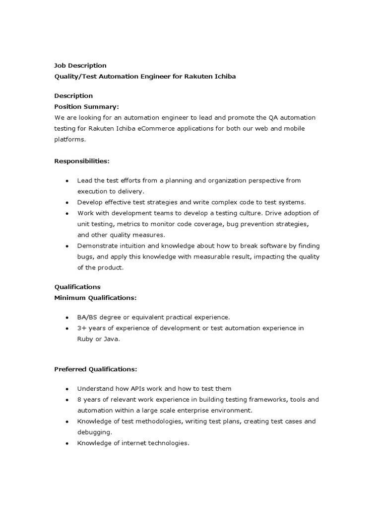 JD (Test QA Automation Engineer For Rakuten Ichiba) | PDF