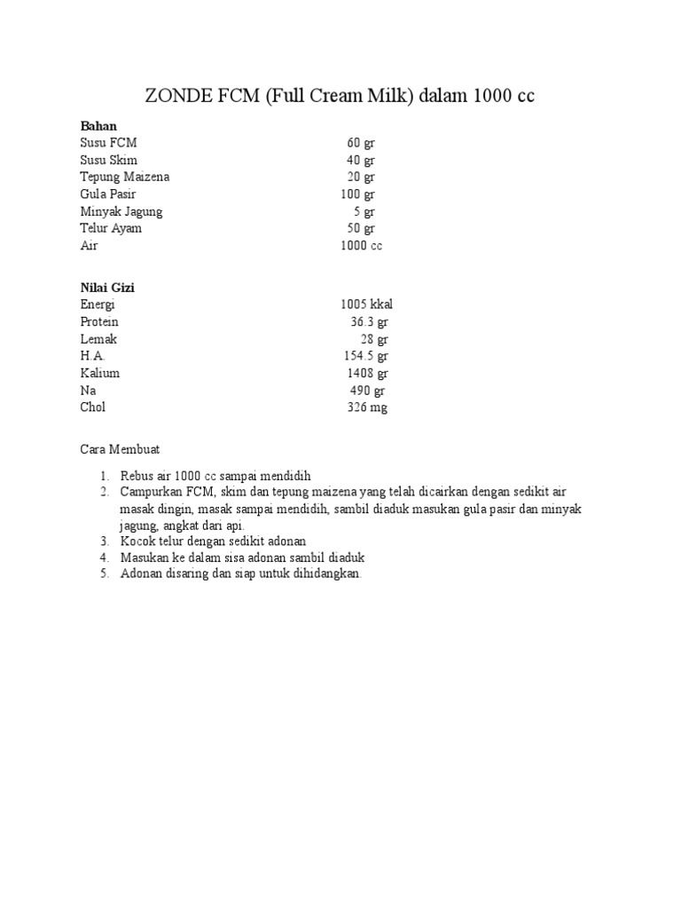 Resep Zonde FCM dan Nilai Gizi | PDF