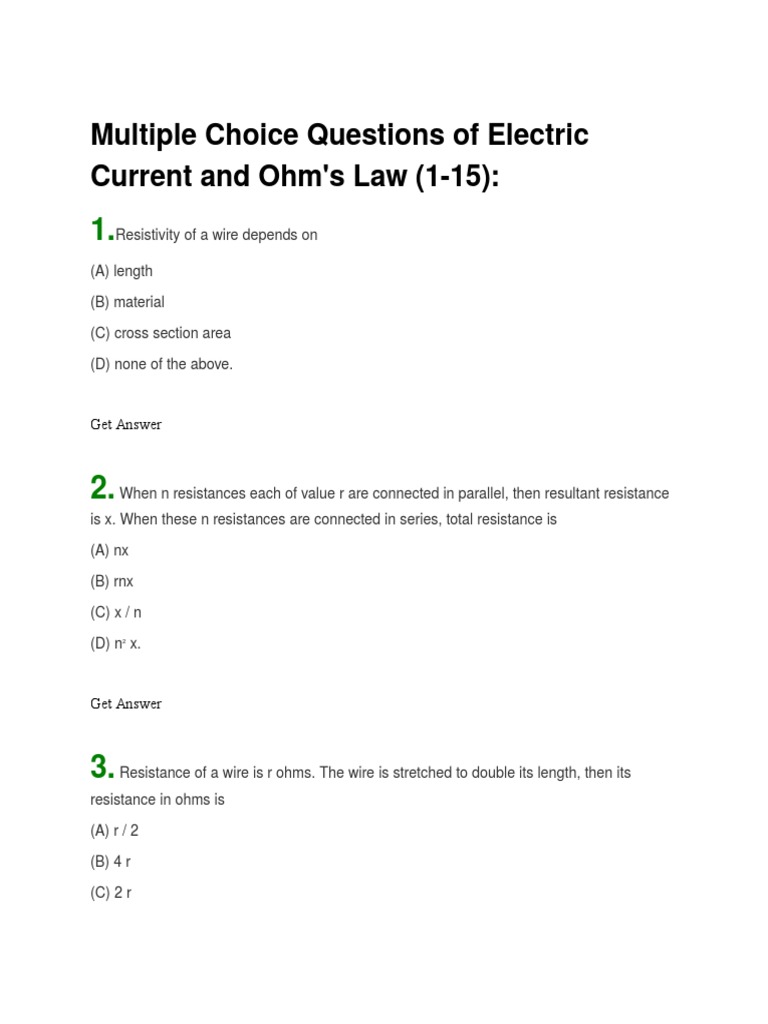 Ohm's Law and Resistance MCQs | PDF | Series And Parallel Circuits ...