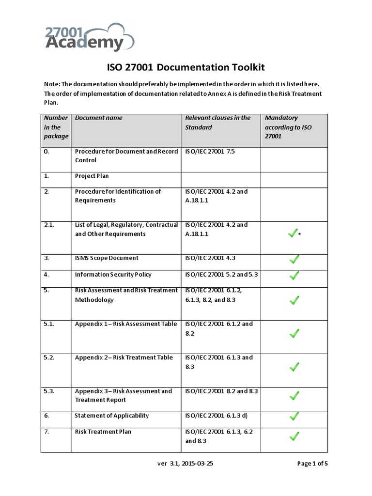 List of Documents ISO 27001 Documentation Toolkit EN PDF | Download ...