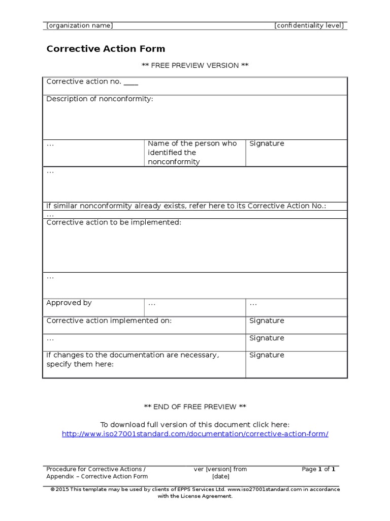 Corrective Action Form: (Organization Name) (Confidentiality Level ...