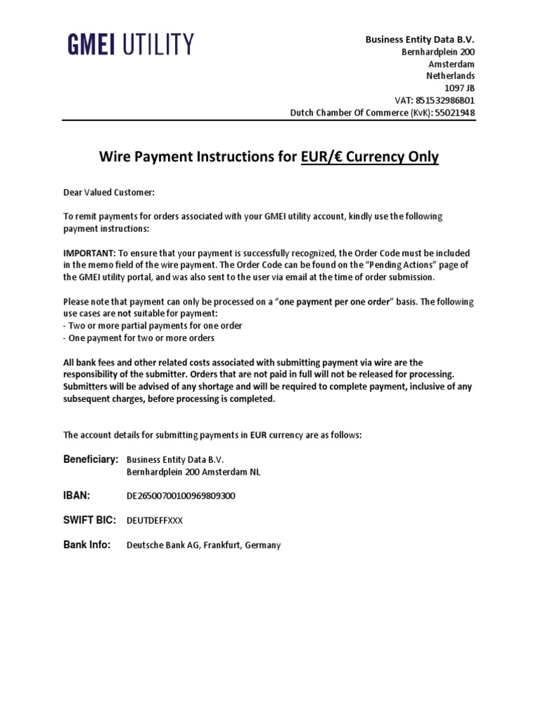 GMEI Utility Wire Payment Instructions EUR | PDF