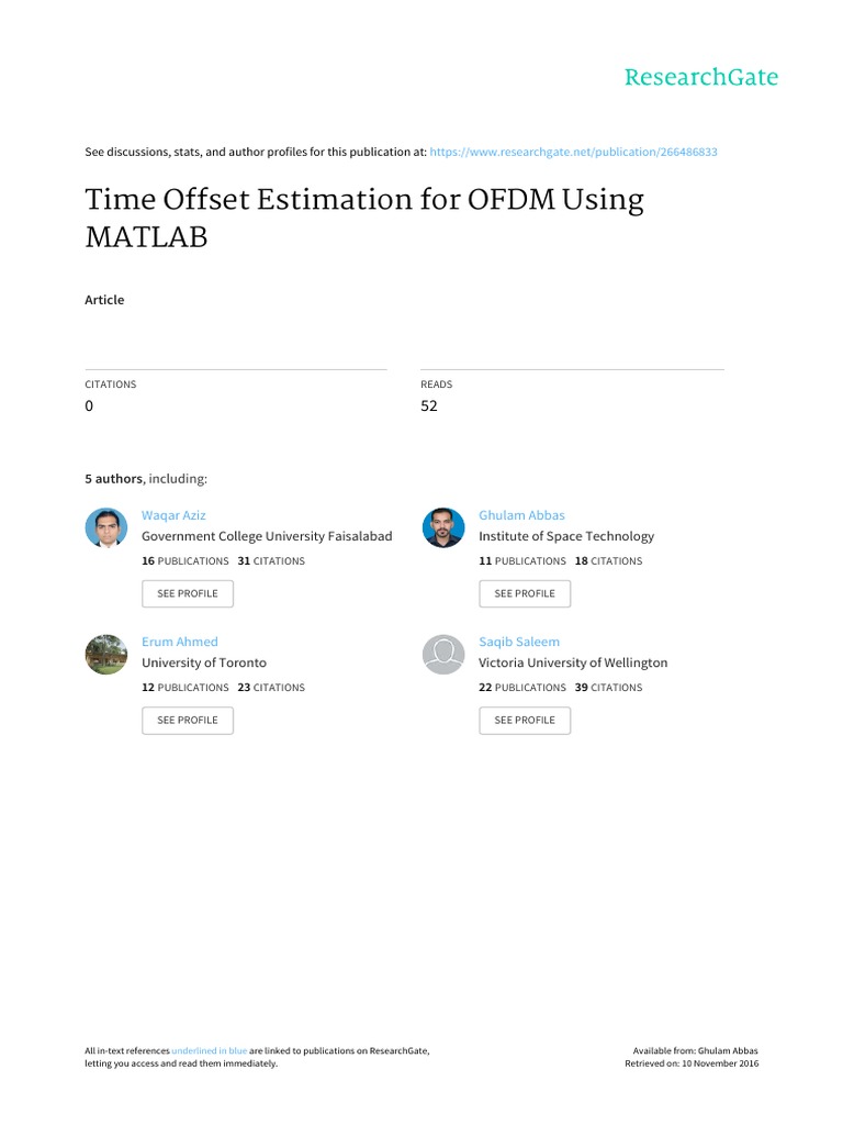 Time Offset Estimation For Ofdm Using Matlab Orthogonal Frequency Division Multiplexing
