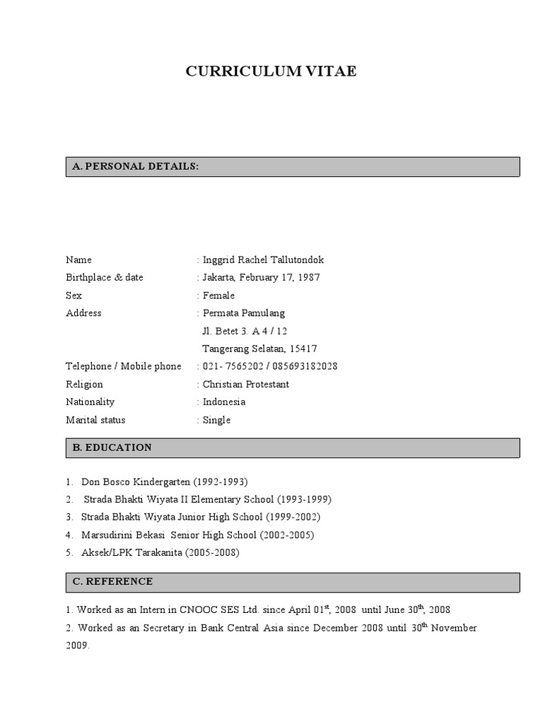 Inggrid Rachel Tallutondok CV | PDF | Wellness