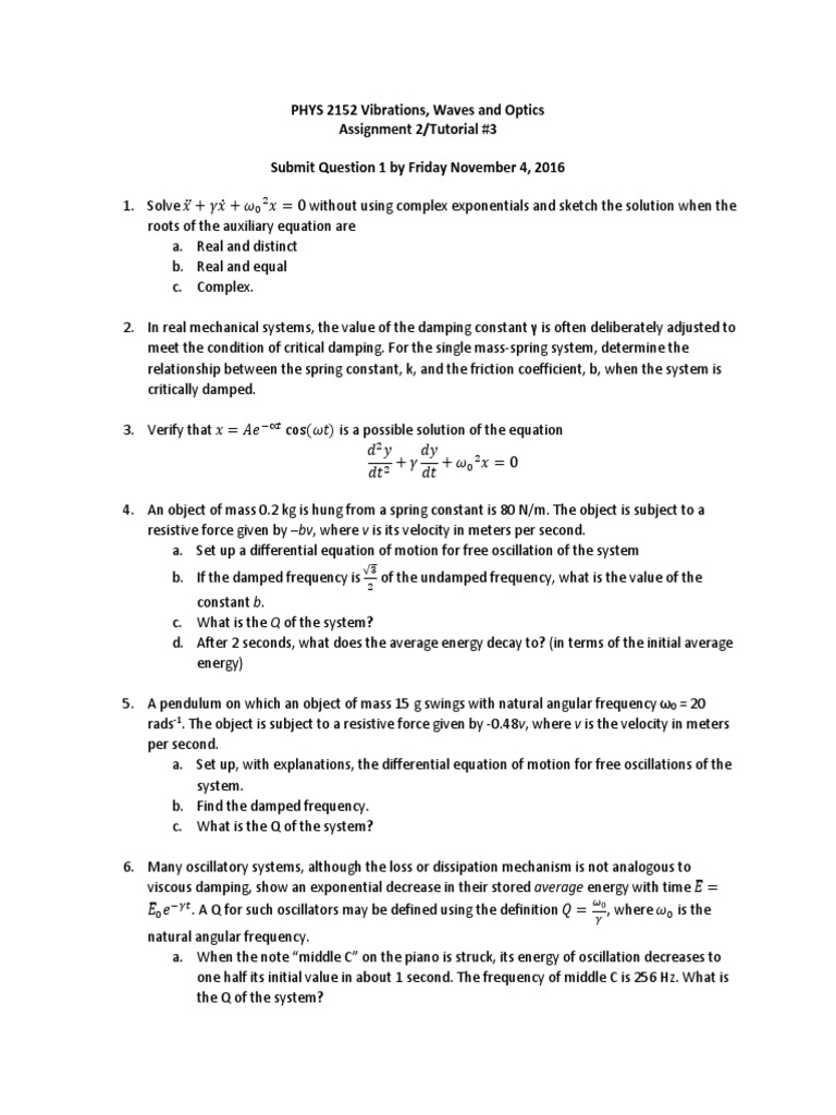 PHYS 2152 Vibrations Waves Optics Assignment | PDF | Physical Sciences | Mechanics