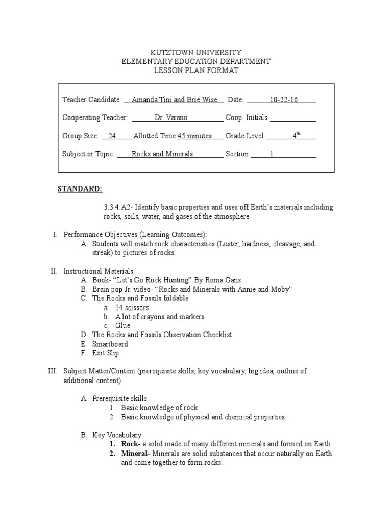 Grade 4 Rocks and Minerals Lesson Plan | PDF | Minerals | Educational ...