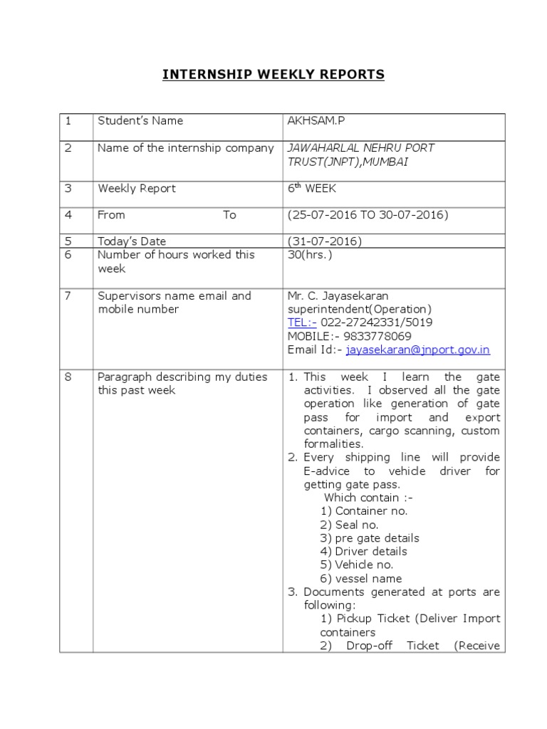 Internship Weekly Reports: Jawaharlal Nehru Port Trust (JNPT), Mumbai ...