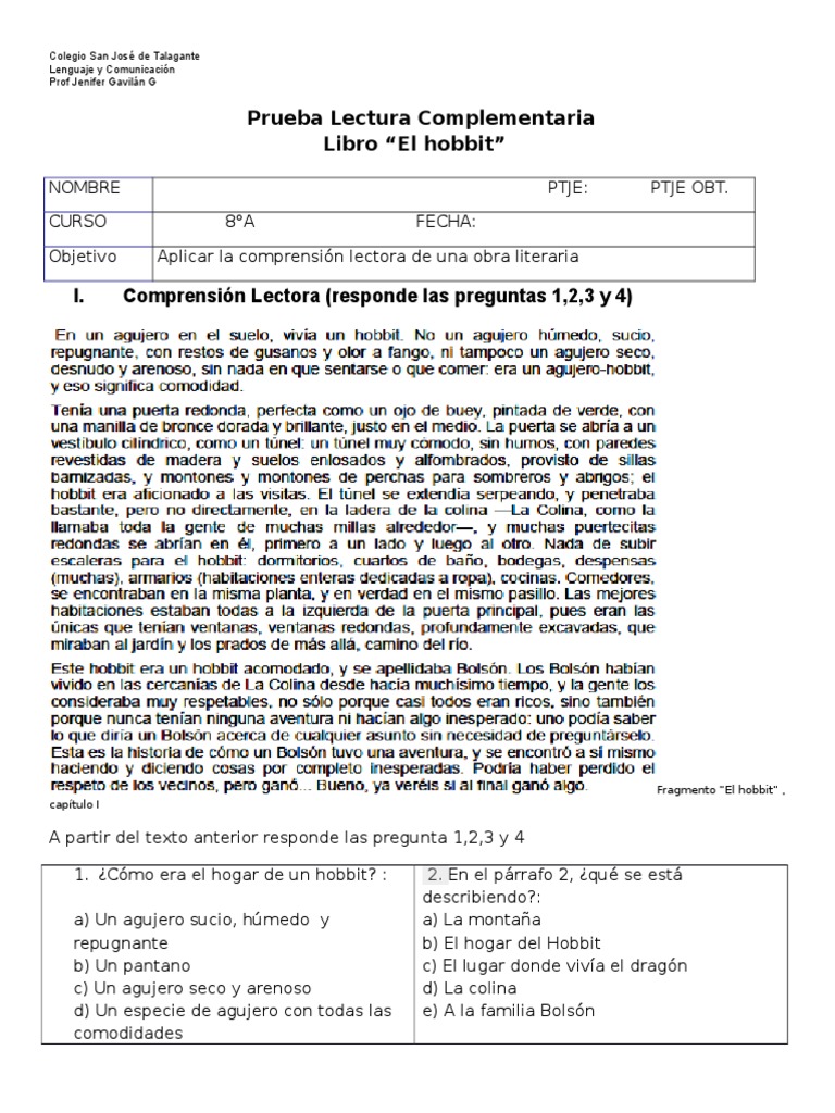 Prueba Lectura Complementaria El Hobbit | PDF | Bilbo Baggins | Tierra Media