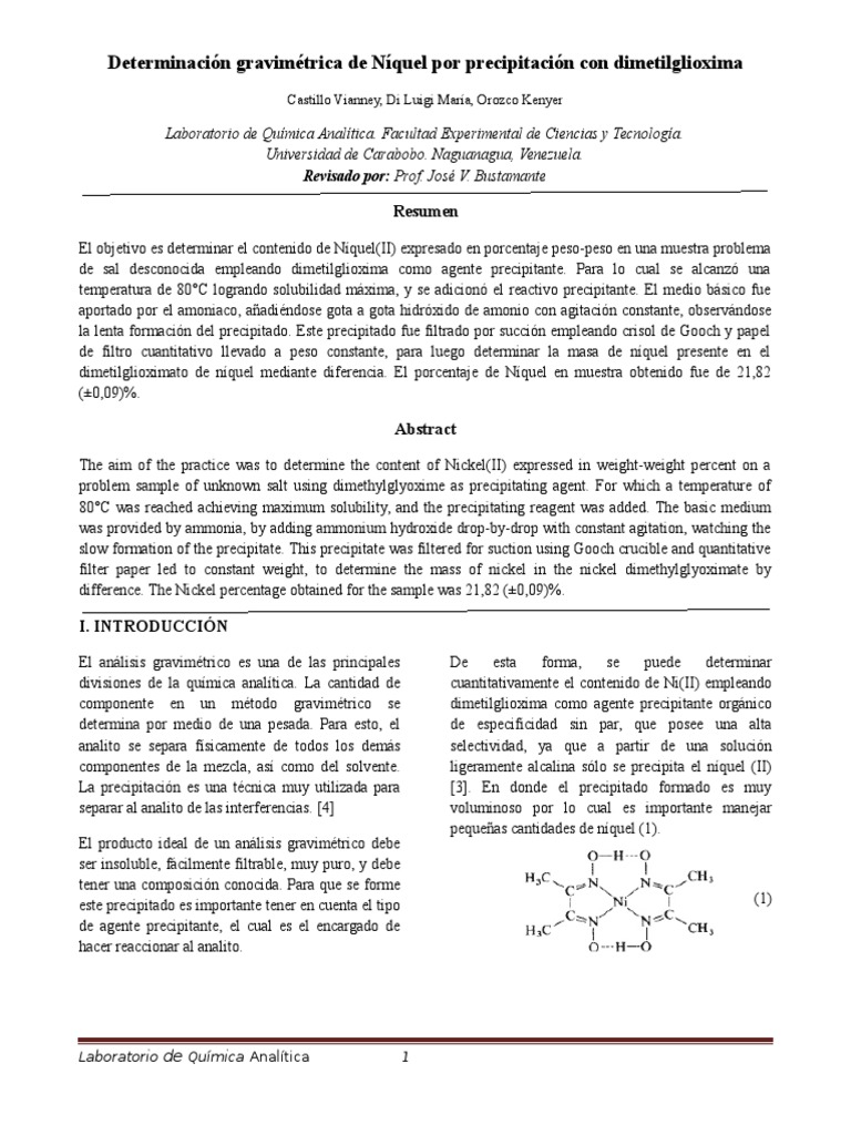 Determinación de Níquel con Dimetilglioxima | PDF | Ácido clorhídrico ...