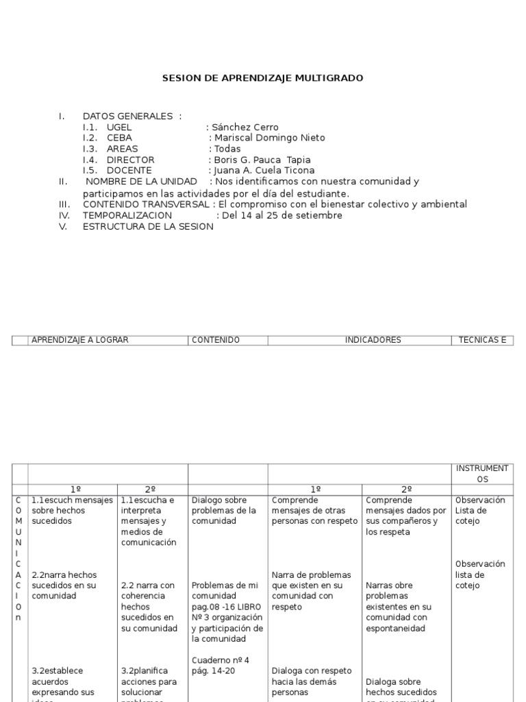 Sesion de Aprendizaje Multigrado | PDF | Aprendizaje | Maestros