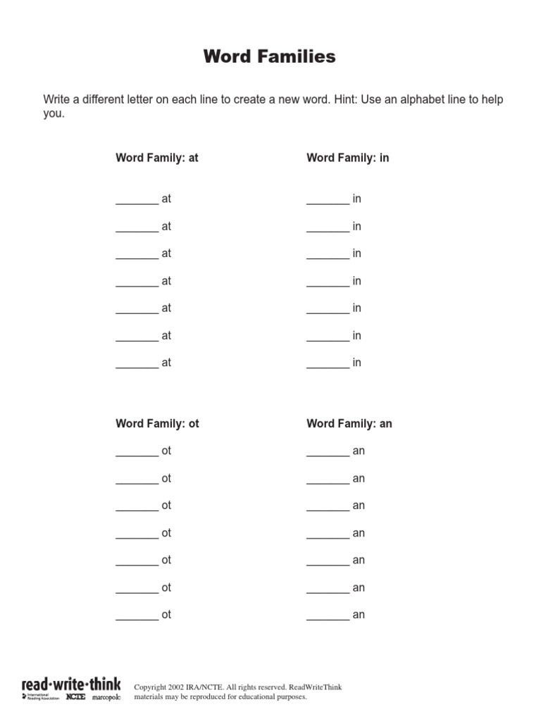 Word Families: Write A Different Letter On Each Line To Create A New ...