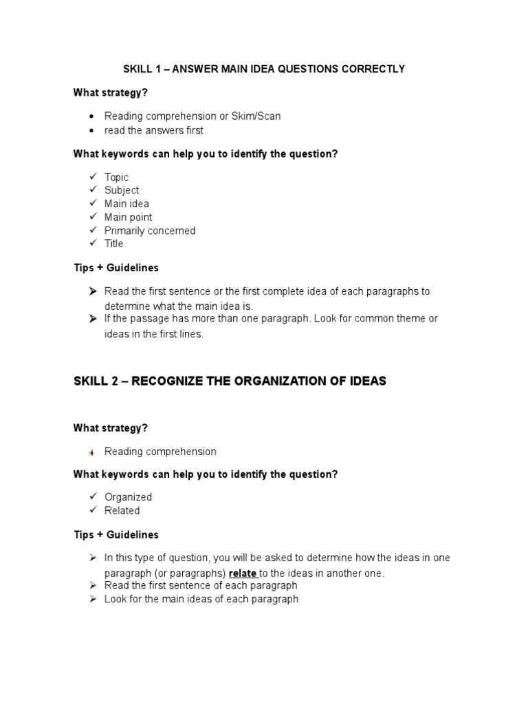 Skill 1 - Answer Main Idea Questions Correctly What Strategy? | PDF ...