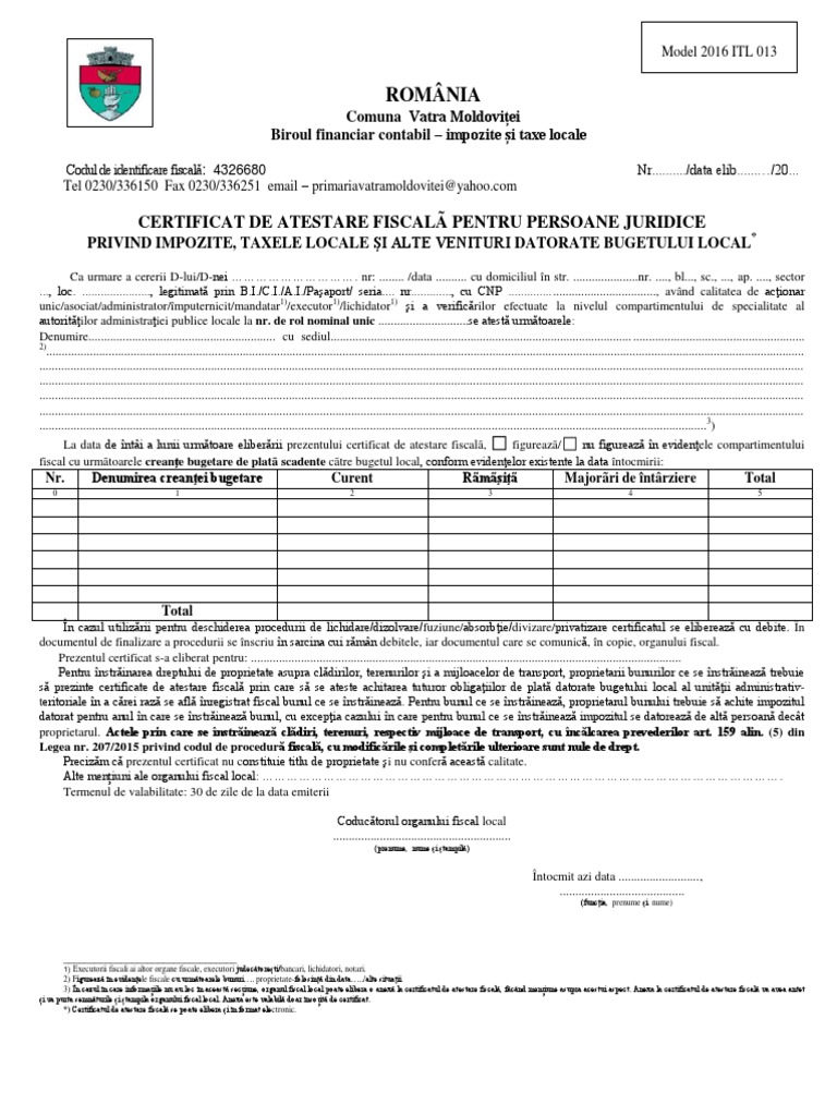 Anexa - 13 Model Certificat de Atestare Fiscala PJ