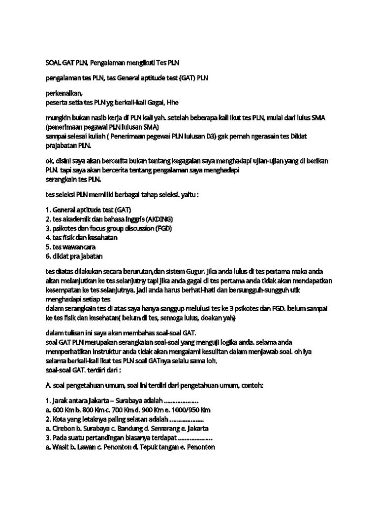 Contoh Soal GAT untuk Tes PLN | PDF | Metode & Bahan Ajar