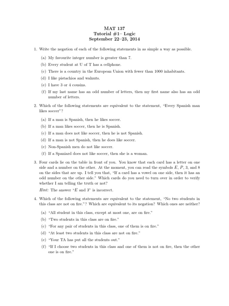 MAT137 - Tutorial1 | PDF | Logic | Teaching Mathematics