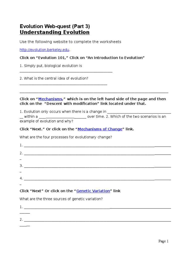 Evolution Web-Quest (Part 3) Understanding Evolution: Use The Following ...