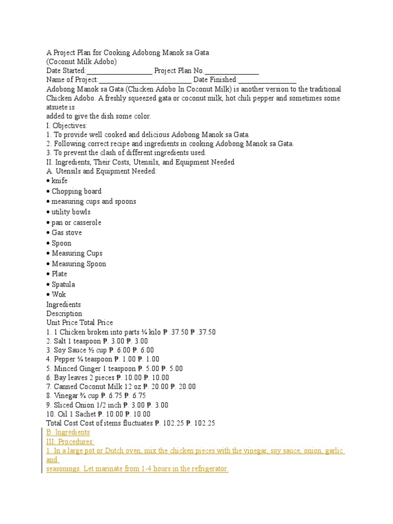 A Project Plan For Cooking Adobong Manok Sa Gata | PDF | Spoon | Teaspoon