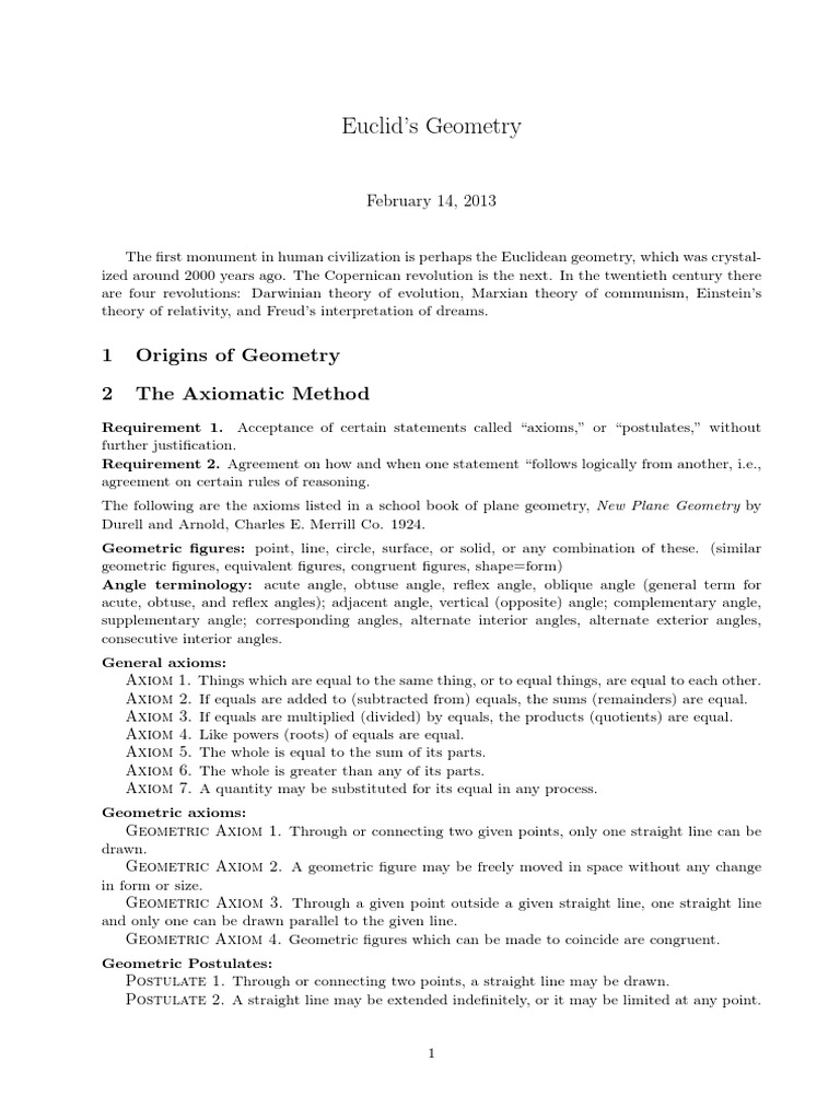 Euclid's Geometry: 1 Origins of Geometry 2 The Axiomatic Method | PDF ...