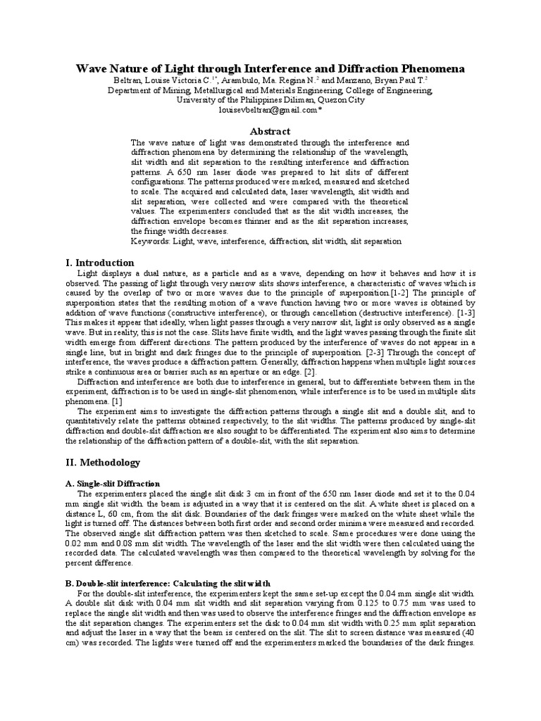 Wave Nature of Light Through Interference and Diffraction Phenomena ...