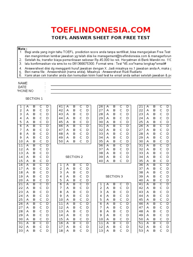 Toefl Answer Sheet For Free Test: Note | PDF