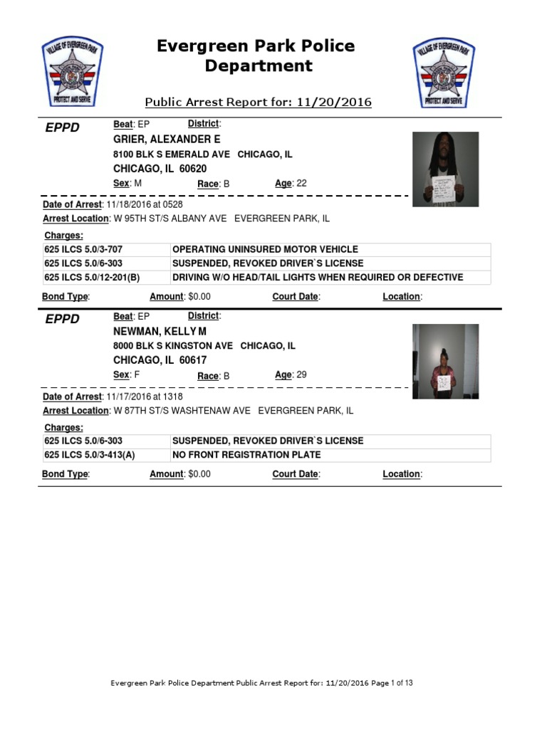 Evergreen Park Arrests Nov. 10 - Nov. 18, 2016 | PDF | Driver's License ...