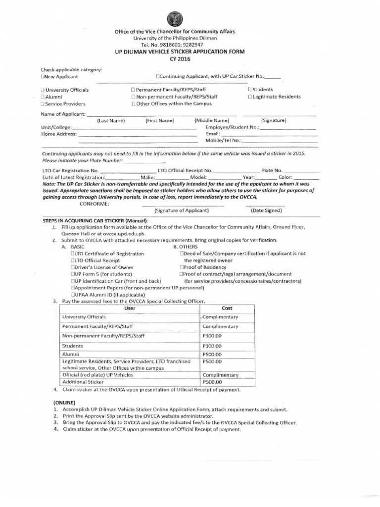 UP Car Sticker Application Form | PDF