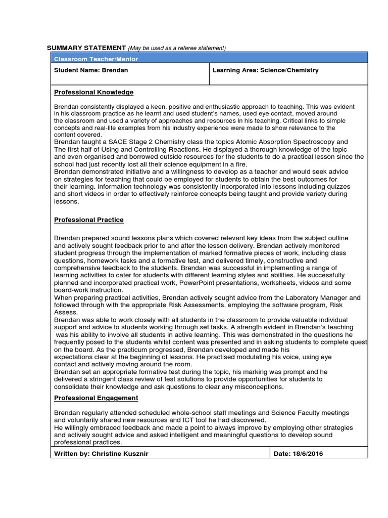 Pre-Service Teacher Summary Statement | PDF