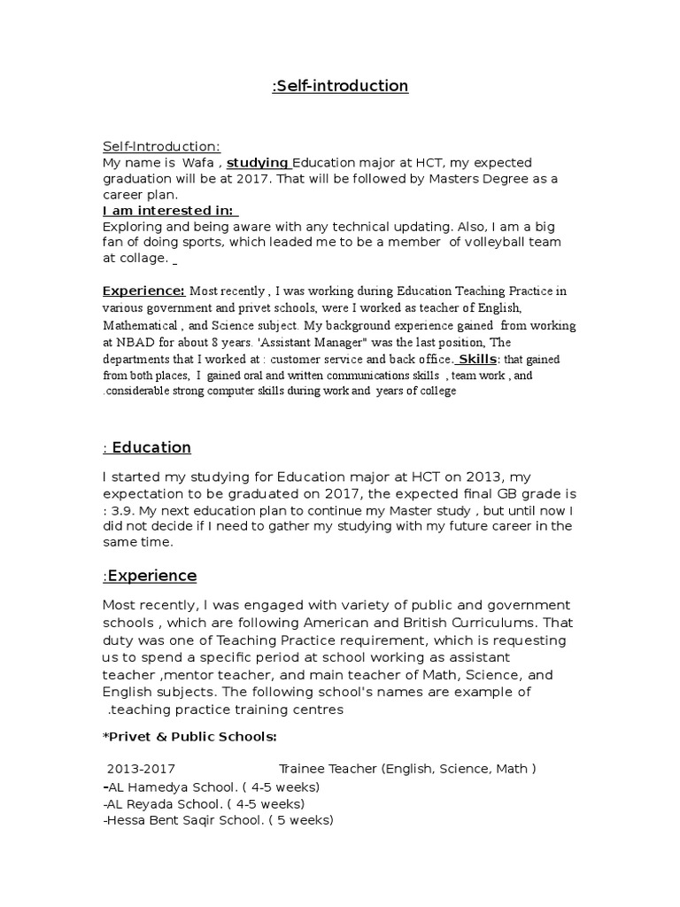 Self Introduction | PDF | Teachers | United Arab Emirates